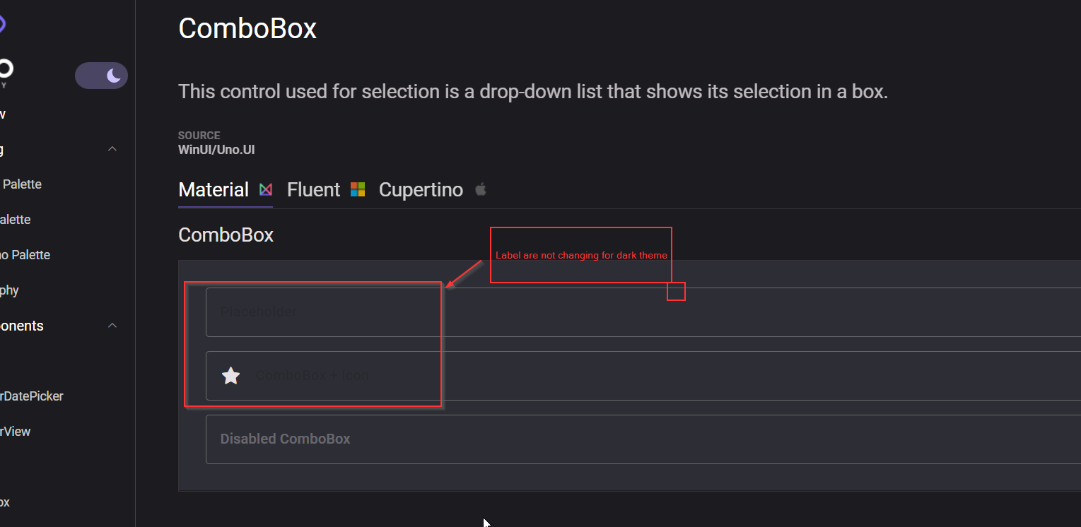[Gallery][Wasm/iOS/Android] Combobox- when changing dark/light theme the label 'Placeholder' are ...