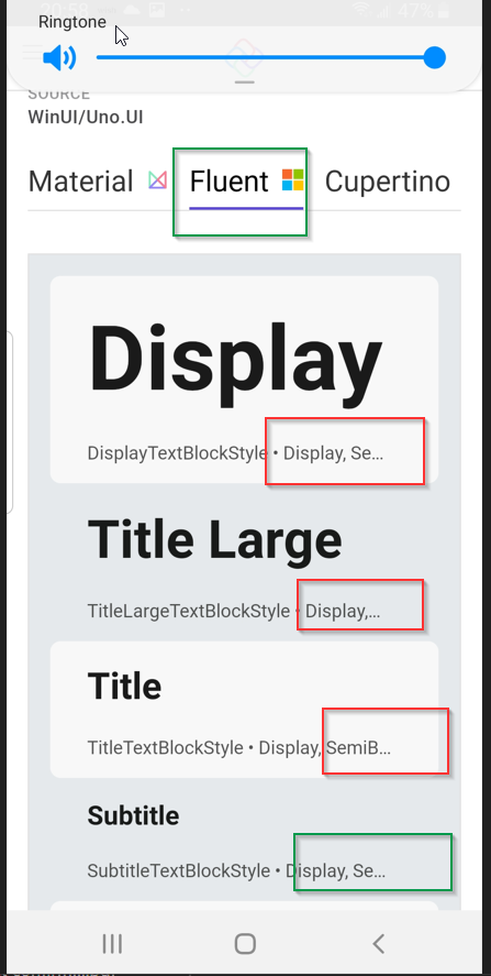 [Gallery][iOS/Android]Typography( Fluent and Cupertino)-For Typography examples, 'Size/Line ...