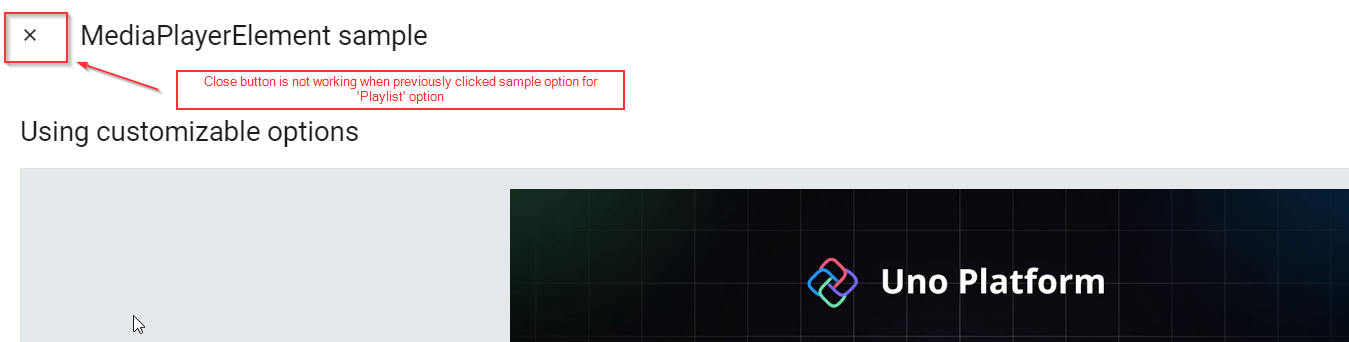 [Gallery][Wasm] MediaPlayerElement, [X] Close button does not work for customizable option once ...