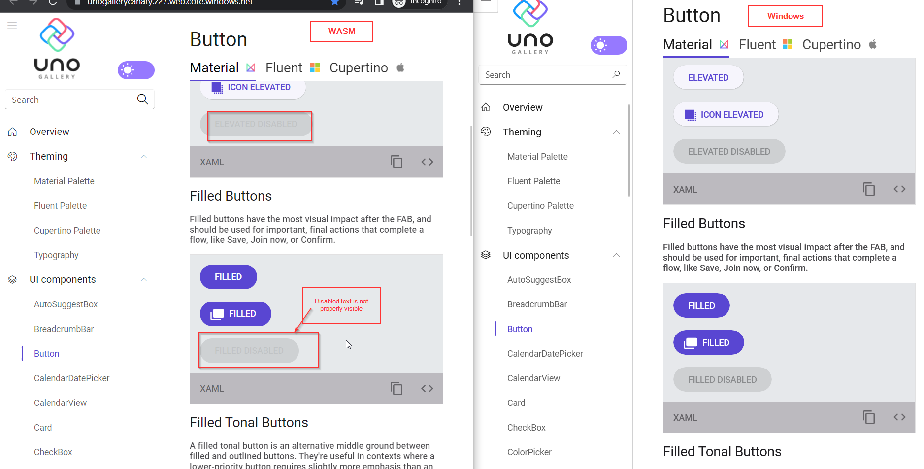 Gallery][Wasm/iOS/Android/Skia.Gtk]Button,FAB(Material)- Text for disabled Button is not ...
