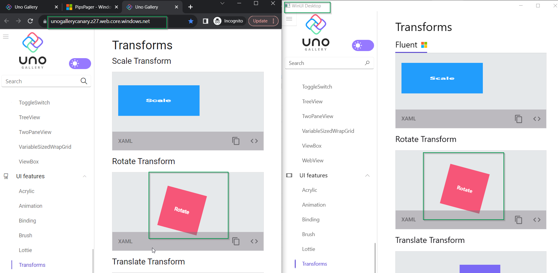 [Gallery][iOS/Android/Wasm/Skia.Gtk]Transforms- Rotated box for 'Rotate Transform' option is ...