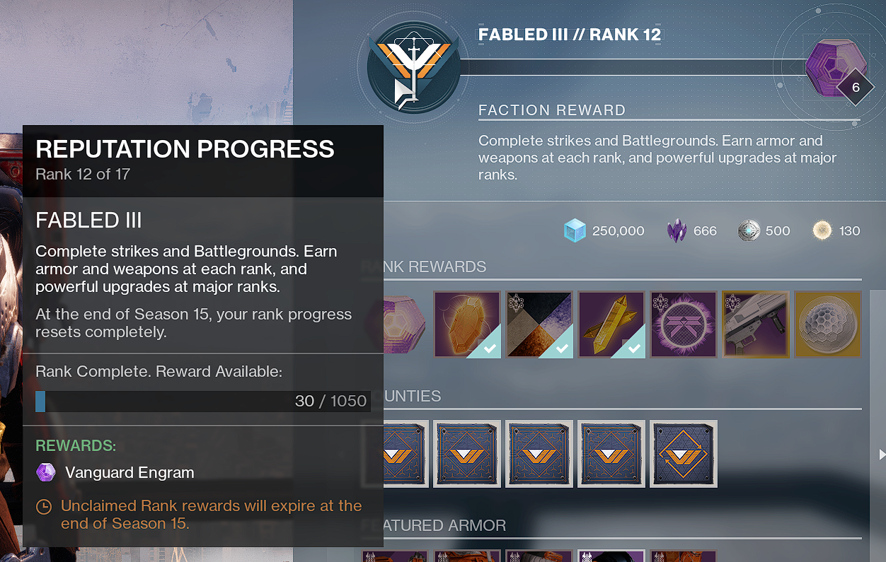 Zavala's Vendor tab Rank is one lower than the player's listed rank in ...