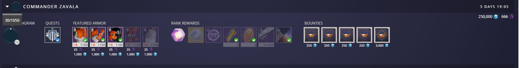 Zavala's Vendor tab Rank is one lower than the player's listed rank in ...