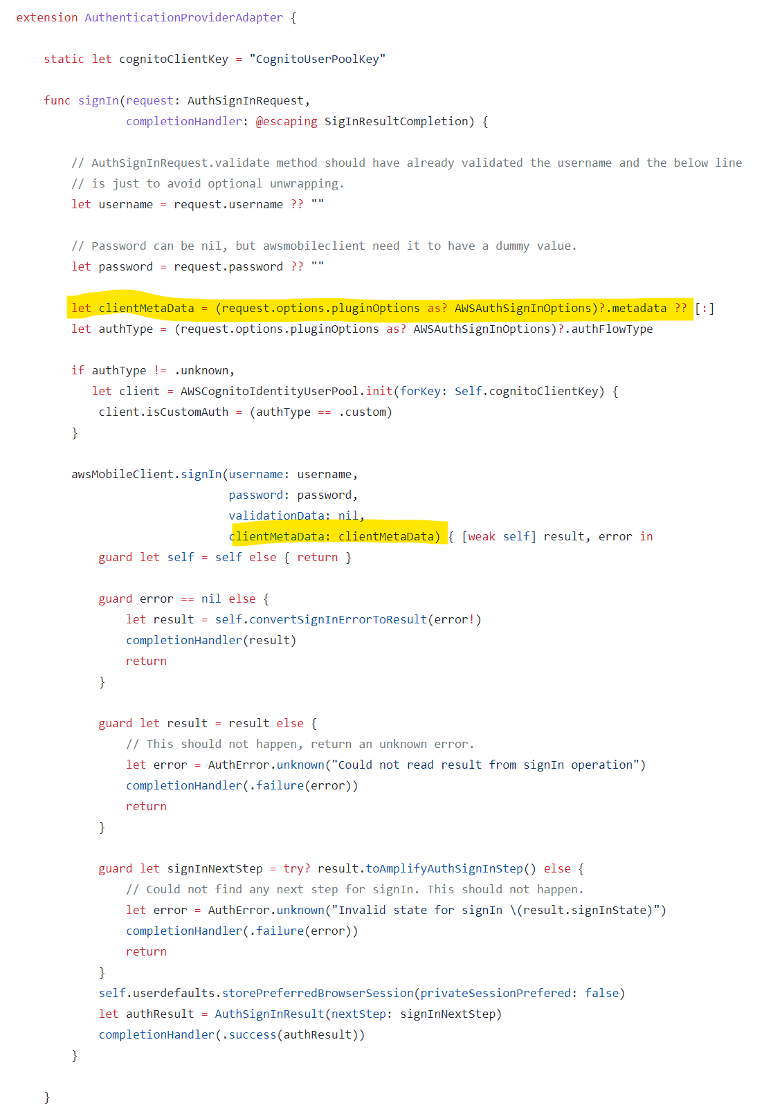 clientMetadata is not passed expectedly into AWSCognitoAuthPlugin ... clientMetadata is not passed expectedly into AWSCognitoAuthPlugin ...