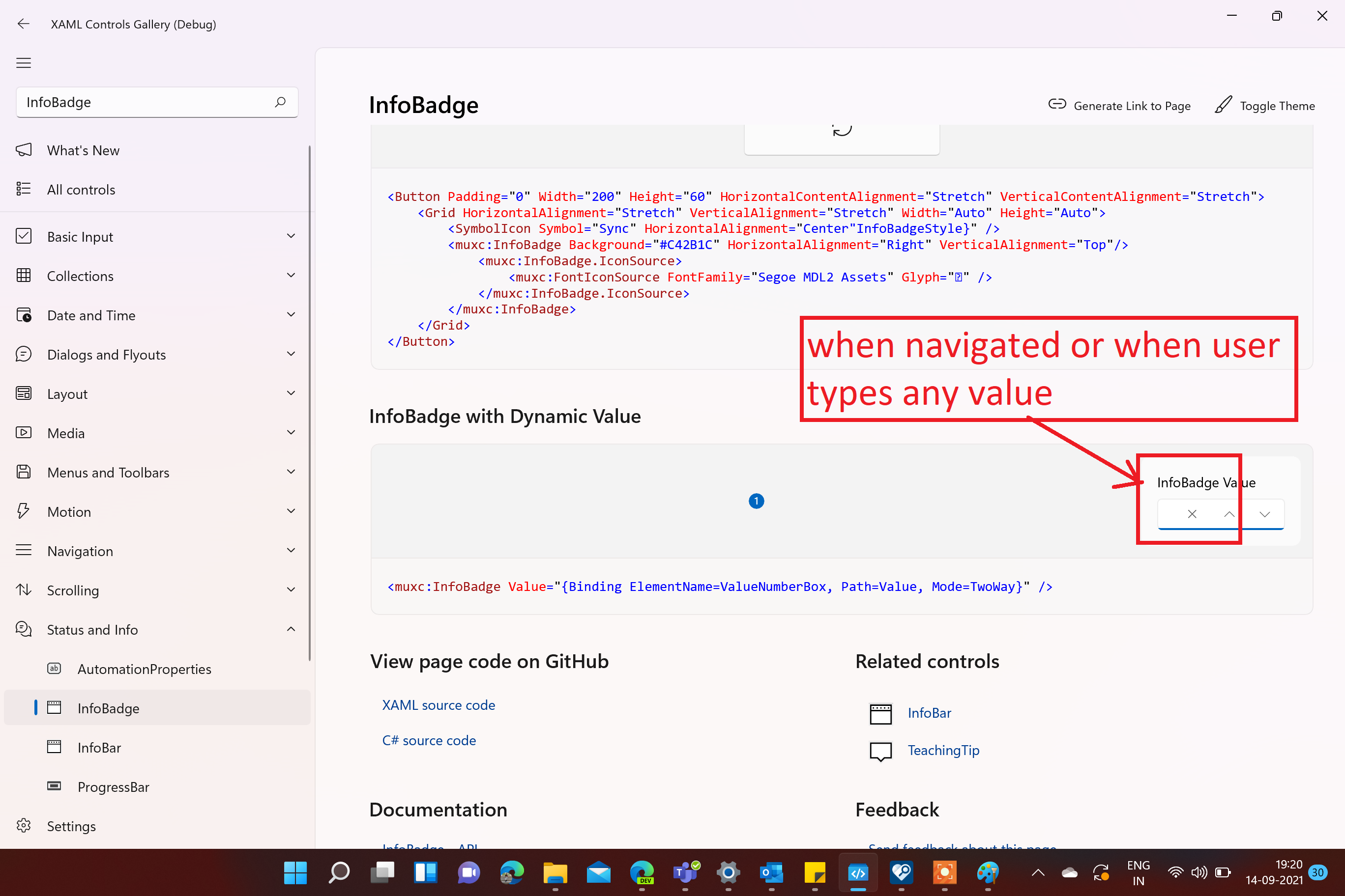 Bug: XAML Controls Gallery: Accessibility: [MAS2.1.1]: The value in the 'Info badge Value' edit ...