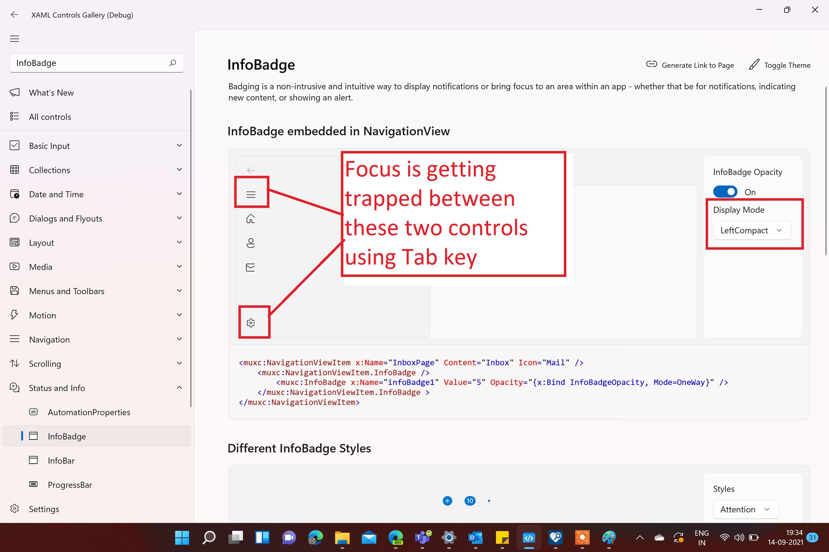 Bug: XAML Controls Gallery: Accessibility: [MAS2.1.2]: Changing NavigationView from LeftExpanded ...