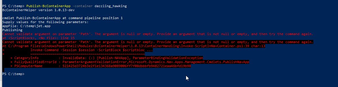 Publish-BcContainerApp "Cannot validate argument on parameter 'Path'. The argument is null or ...