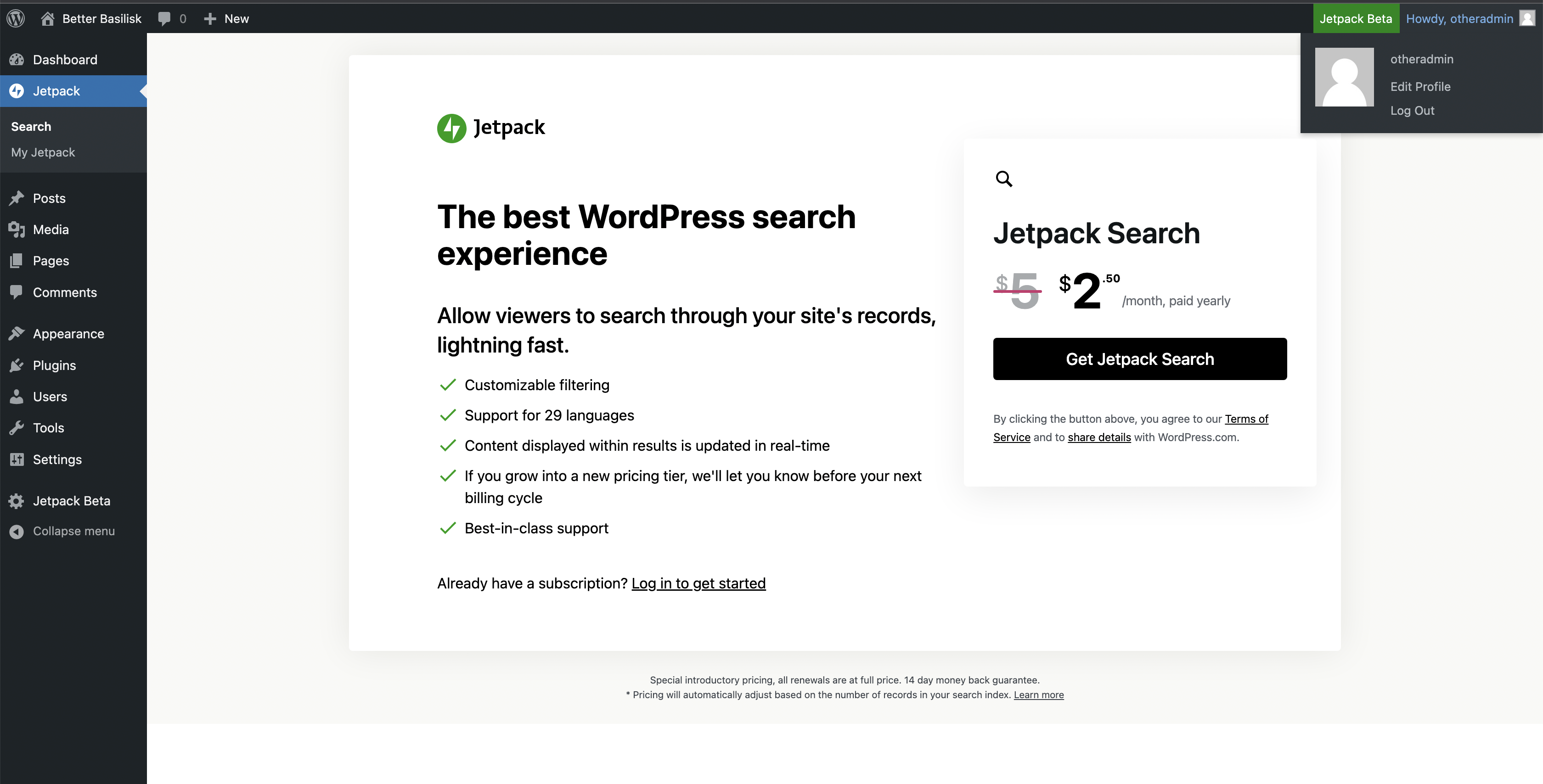 Jetpack Search Secondary Admin Is Presented The Upsell Admin Page Ignoring Available Plan 