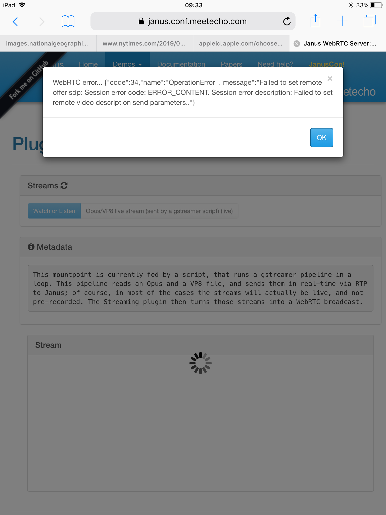Error while attempting to do video streaming on the demo website on iPad · Issue #2263 ...