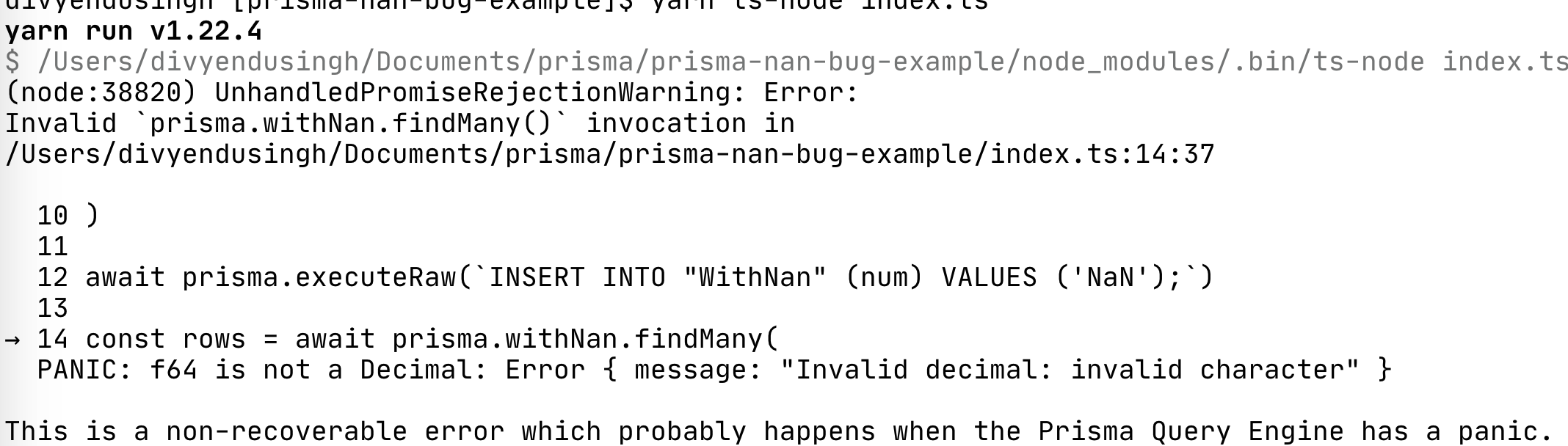 PANIC: 'NaN' f64 is not a Decimal: Error { message: "Invalid decimal ...