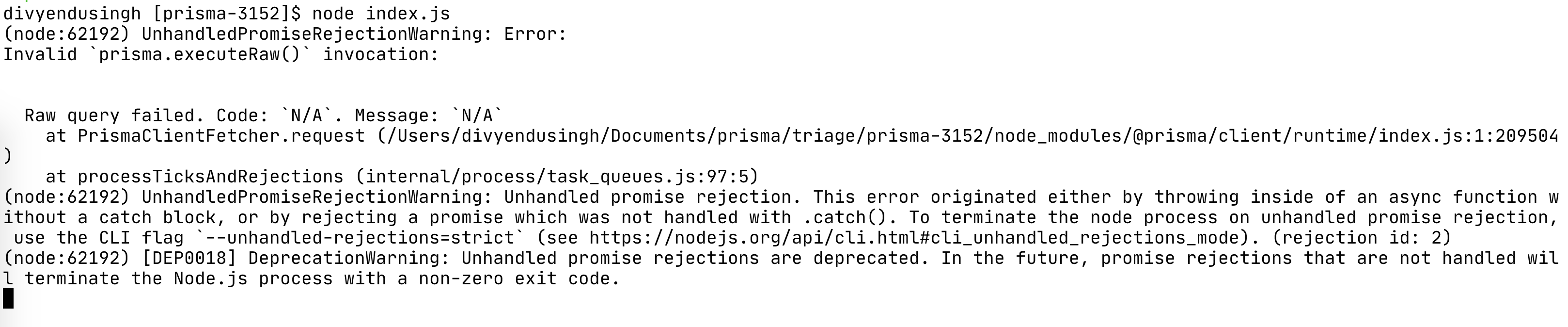 Running executeRaw on a non-existant database returns a cryptic error message · Issue #3158 ...