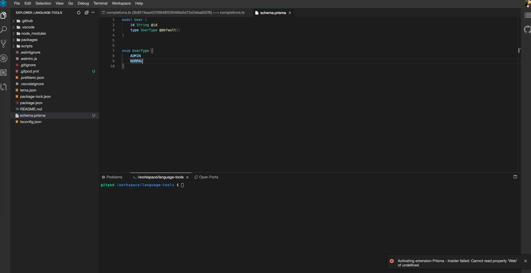 Gitpod Support · Issue #424 · prisma/language-tools · GitHub