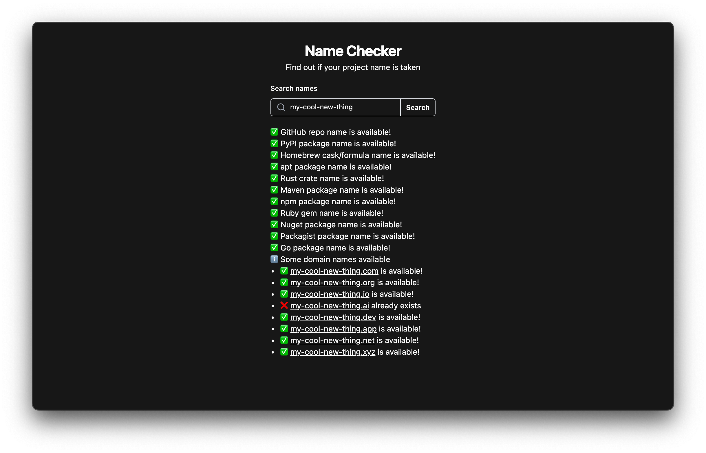 GitHub - toddcooke/namechecker: Find out if your project name is taken