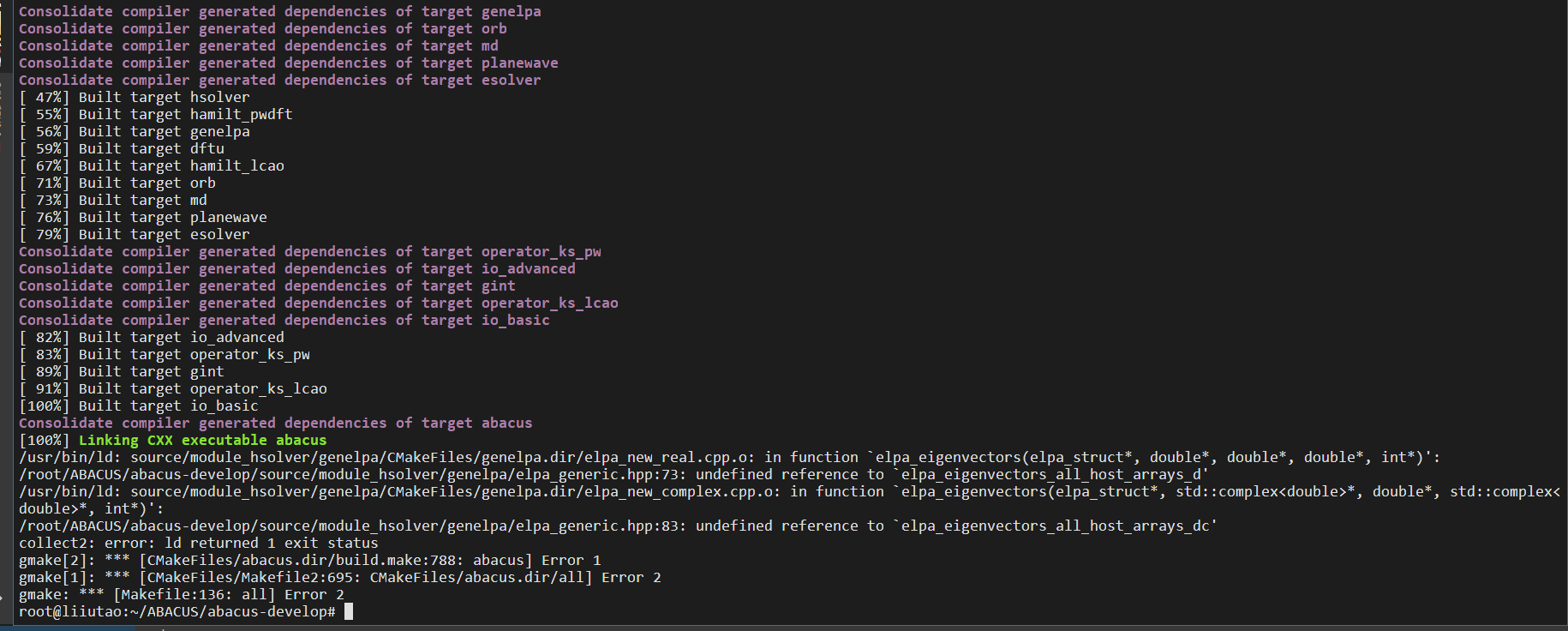 When compiling ABACUS with Cmake, configure passed, but an elpa_eigenvectors_all_host_arrays_d ...
