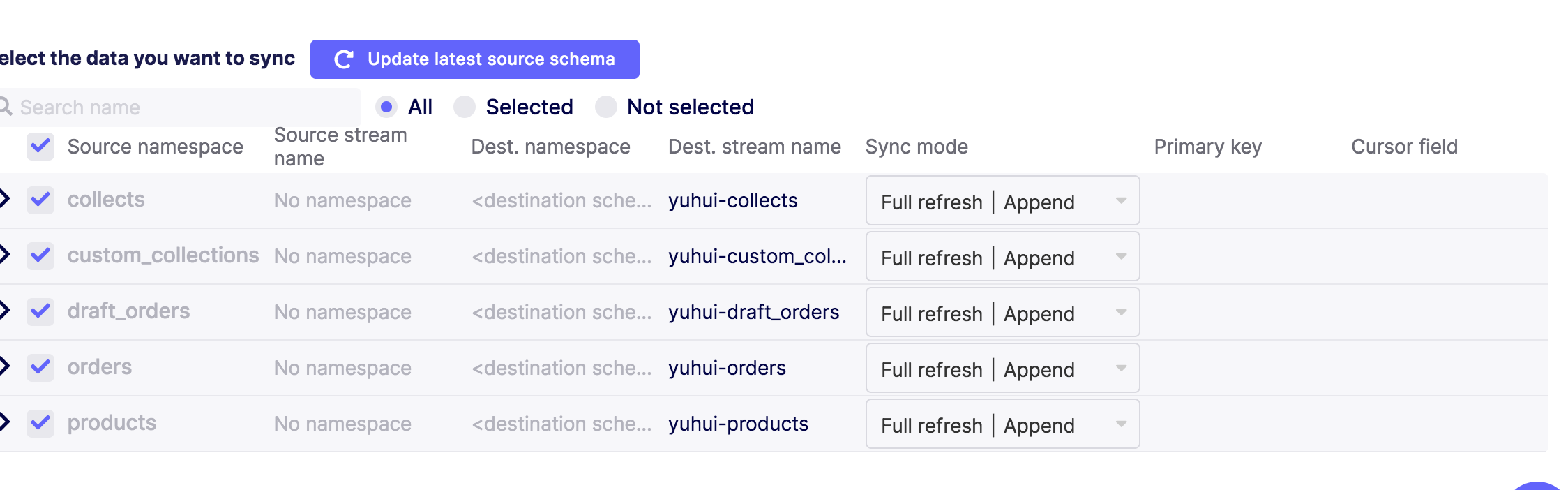 Column Names Are In Wrong Order When Choosing Streams To Sync · Issue 