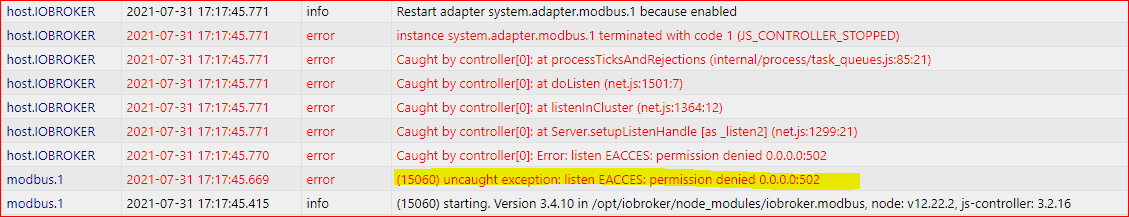 After update iobroker modbus adapter to 3.4.9 input and selection IP address: 0.0.0.0 with slave ...