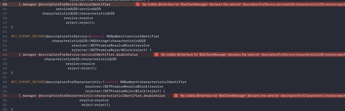 No visible @interface for 'BleClientManager' declares the selector 'descriptorsForDevice ...