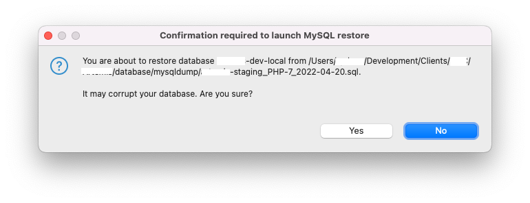 Tools Restore MySQL file may corrupt database prompt? · dbeaver ...