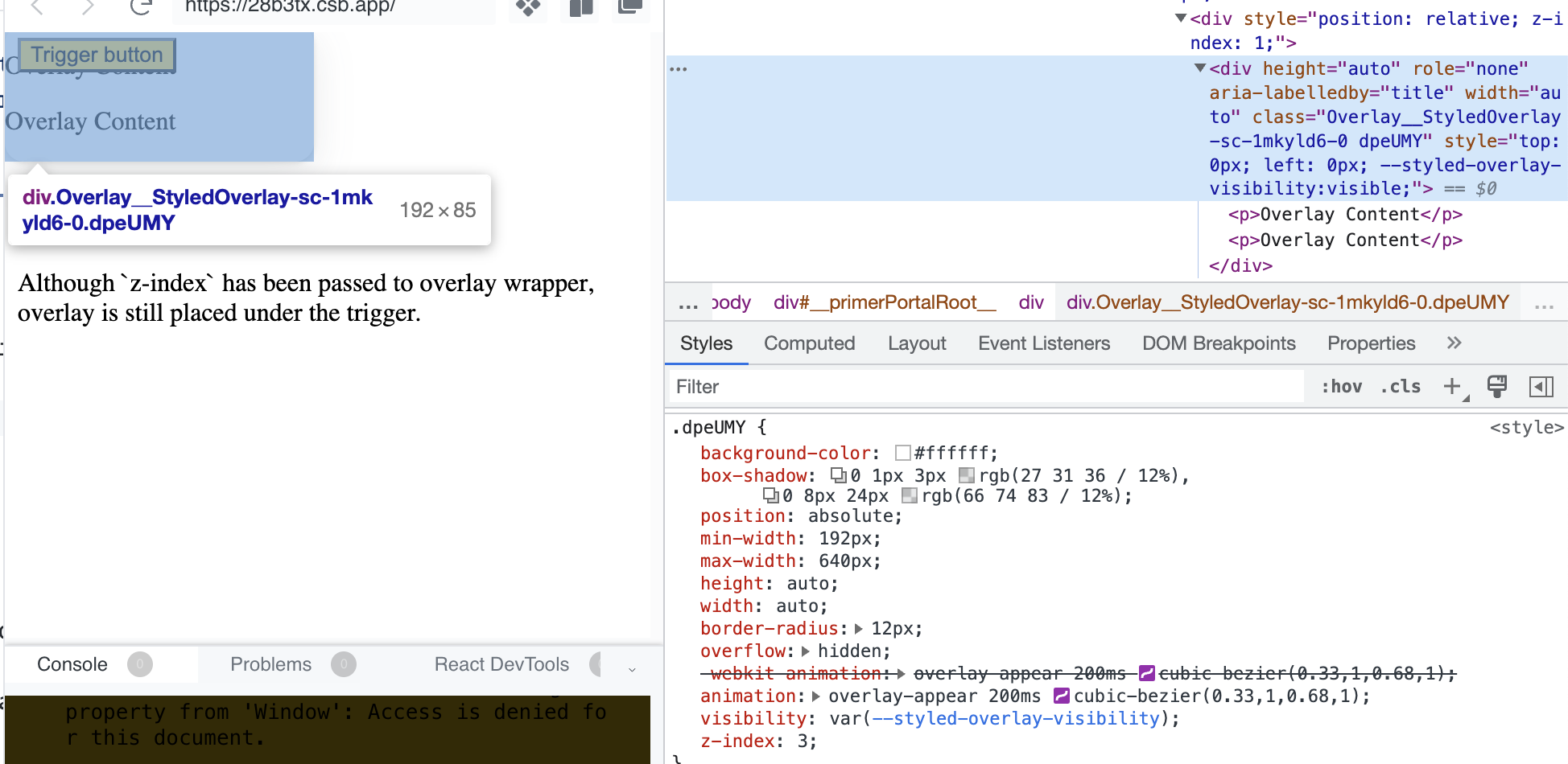 Cannot place Overlay over anchor element if it has z-index and position ...