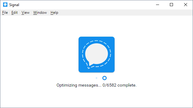 Stuck on Optimizing Messages (1.15.1, Windows 10) · Issue #2627 · signalapp/Signal-Desktop · GitHub