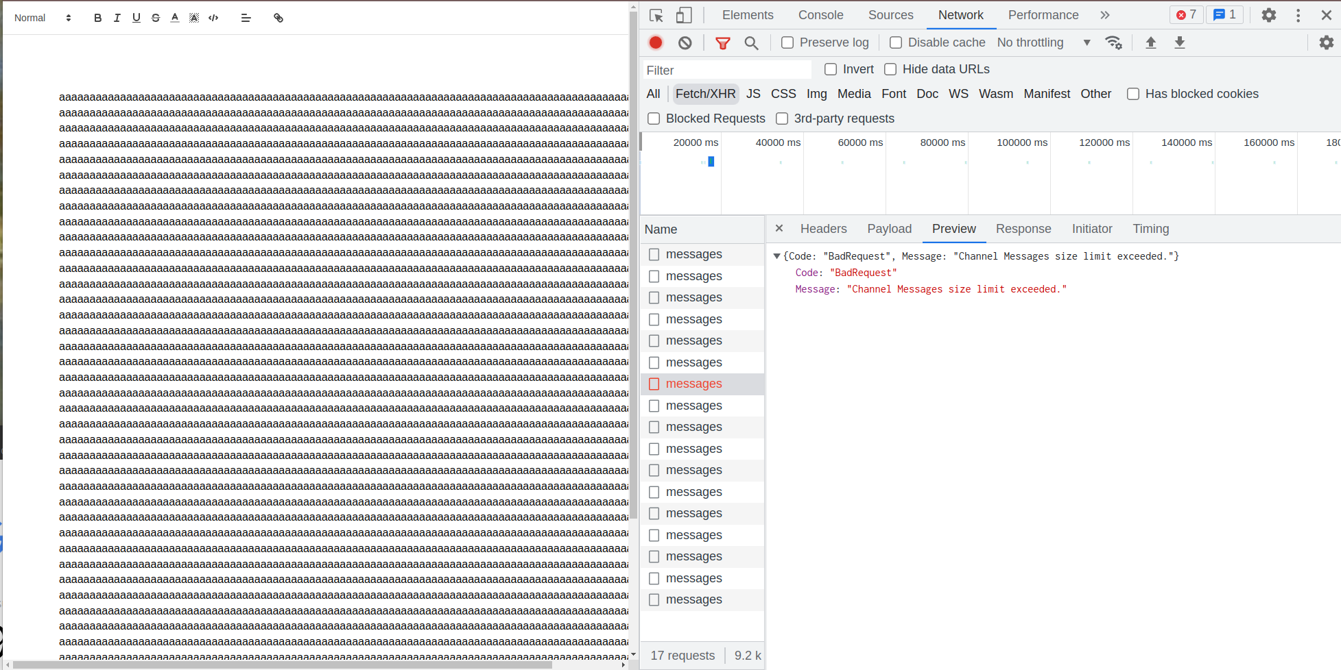 Chime SDK Messaging responds "Channel Messages size limit exceeded ...