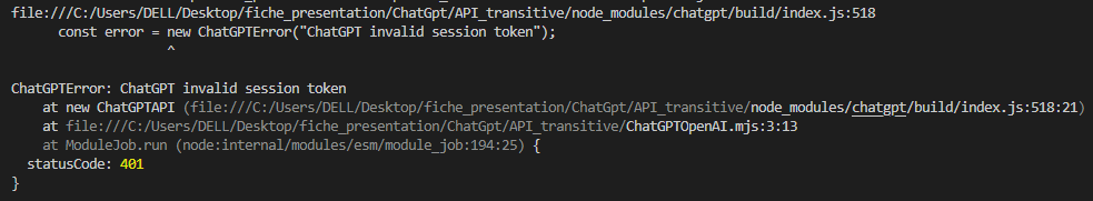 I get : ChatGPTError: ChatGPT invalid session token ( I am using a valid key from OpenAI with a ...