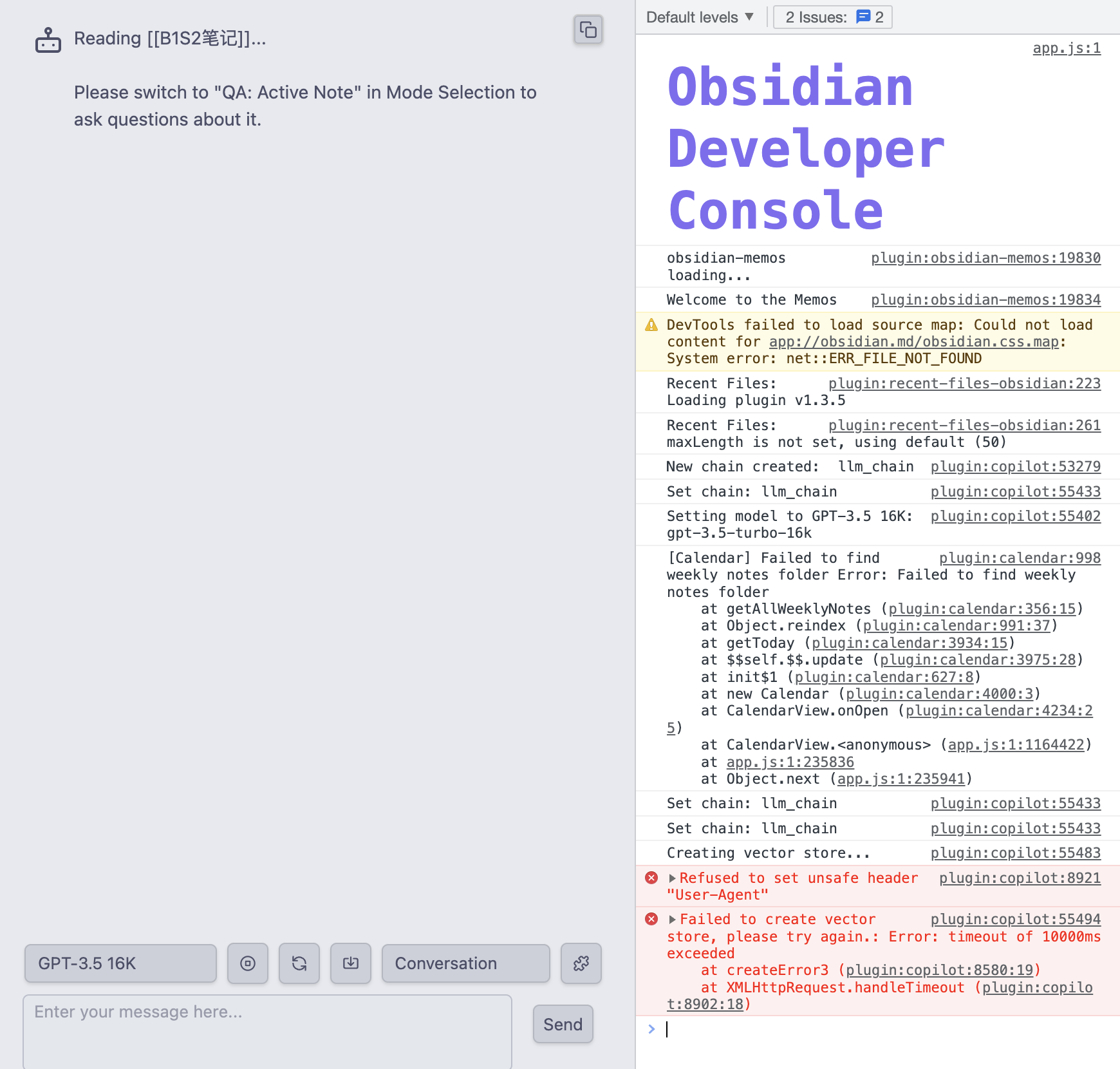 How to solve "Failed to create vector store, please try again.: Error: timeout of 10000ms ...