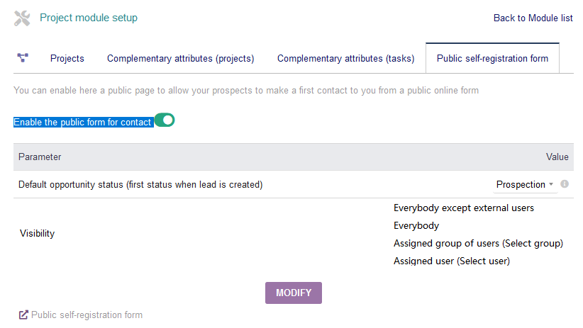 Add Visibility parameter in the setup of Public self-registration form in projects/leads · Issue ...