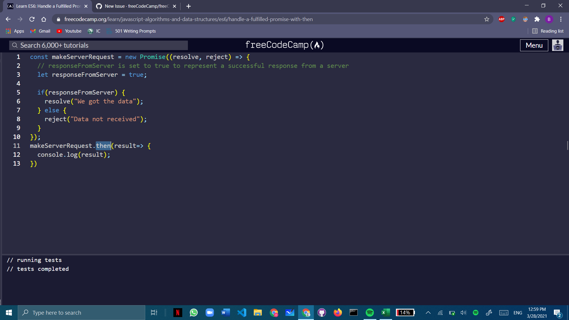 Compiler does not change ".then" method color · Issue #41636 · freeCodeCamp/freeCodeCamp · GitHub