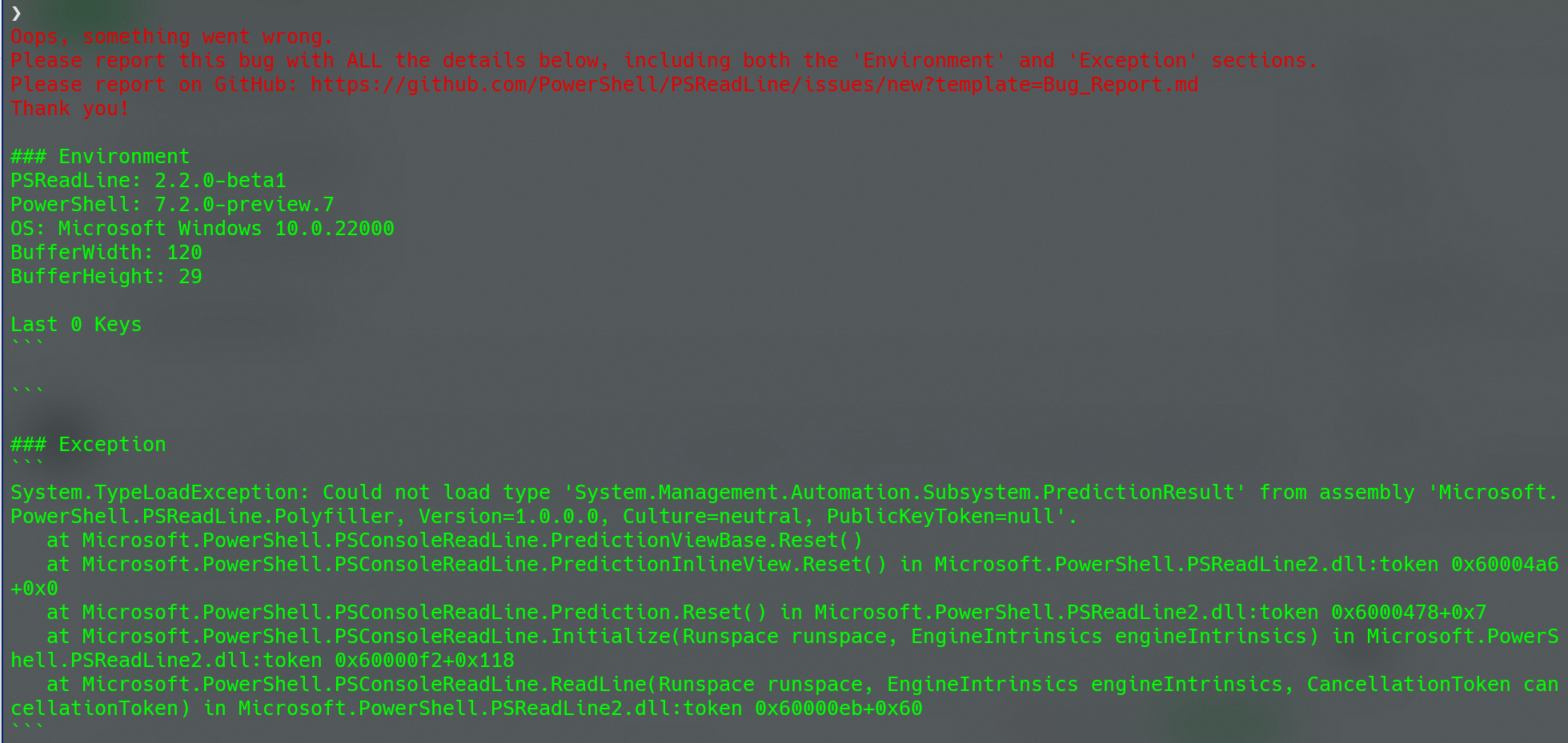 “Oops, something went wrong.” · Issue #2663 · PowerShell/PSReadLine · GitHub