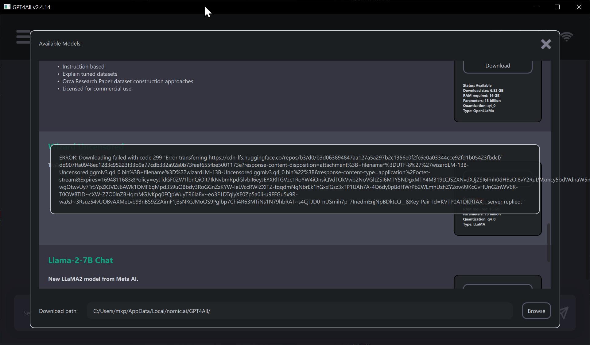 Downloading model fails with "ERROR: Downloading failed with code 299 ...