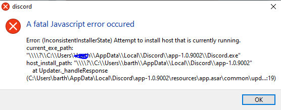 Discord prompts "Attempt to install host that is currently running ...