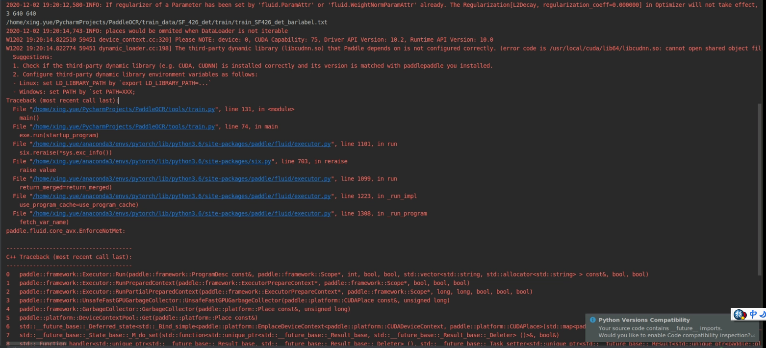 The third-party dynamic library (libcudnn.so) that Paddle depends on is not configured correctly ...