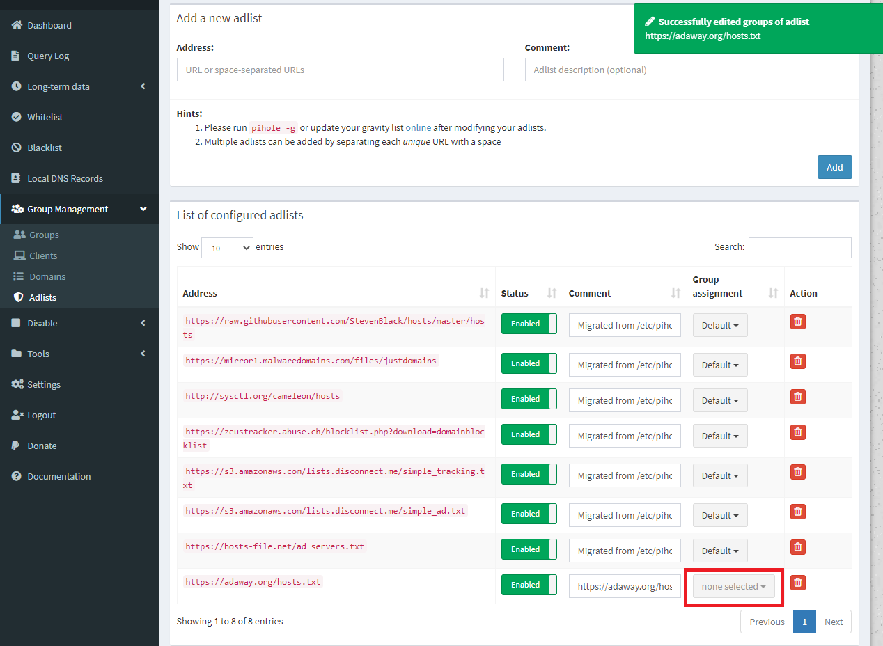 Group Management -> Adlists can't be assigned to other groups beside default · Issue #3861 · pi ...