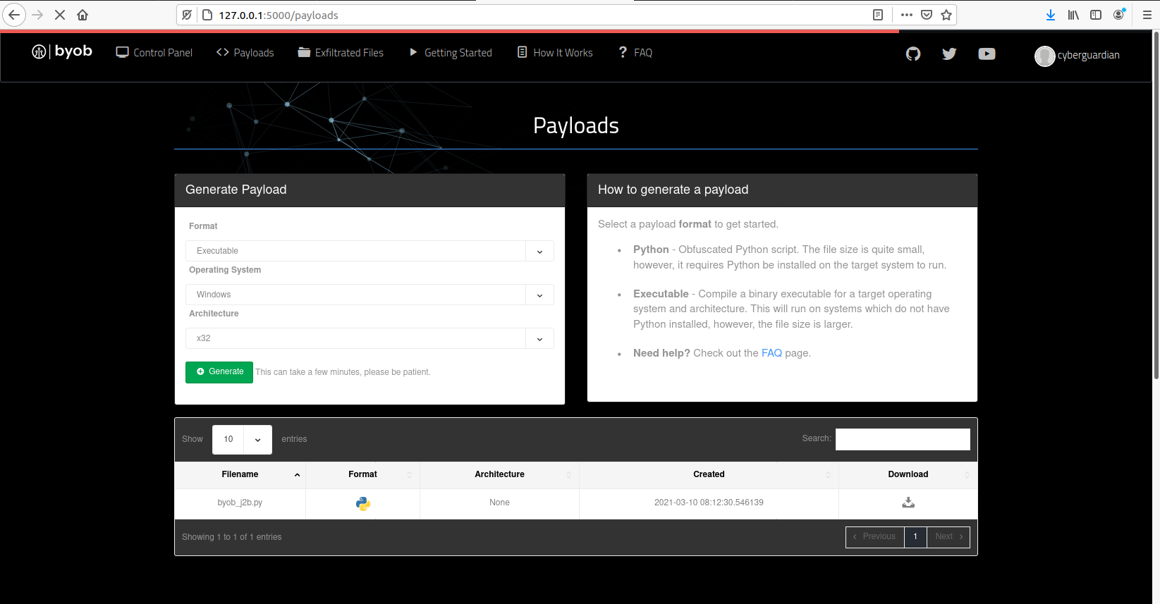 Can Not Generate payloads in the web-gui · Issue #420 · malwaredllc/byob · GitHub