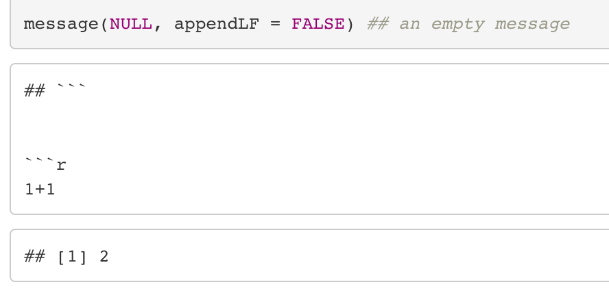 Formating broken by message(NULL, appendLF = FALSE) · Issue #1849 · rstudio/rmarkdown · GitHub