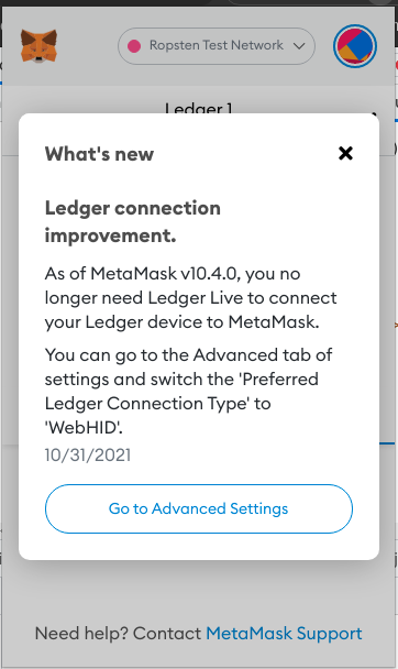 Ledger WebHID What's New popup by danjm · Pull Request #12501 · MetaMask/metamask-extension · GitHub