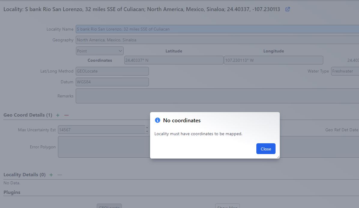 Show map button not working on Locality form · Issue #1510 · specify/specify7 · GitHub