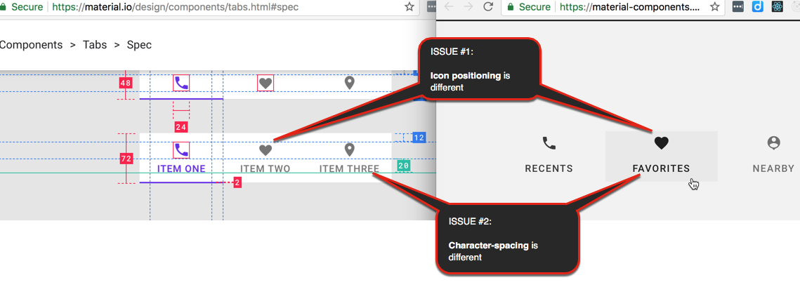 Tabs: Does not match spec: (1) Letter-spacing (2) Icon-and-text version ...