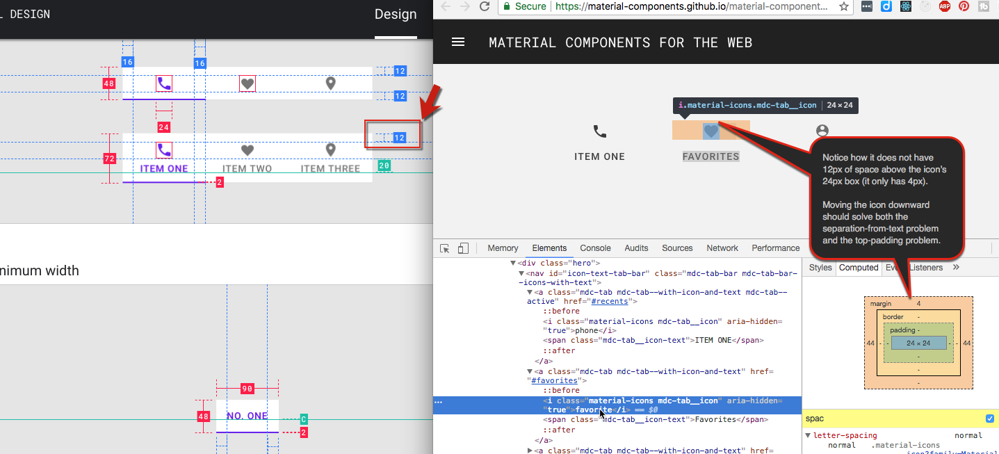 Tabs: Does not match spec: (1) Letter-spacing (2) Icon-and-text version ...