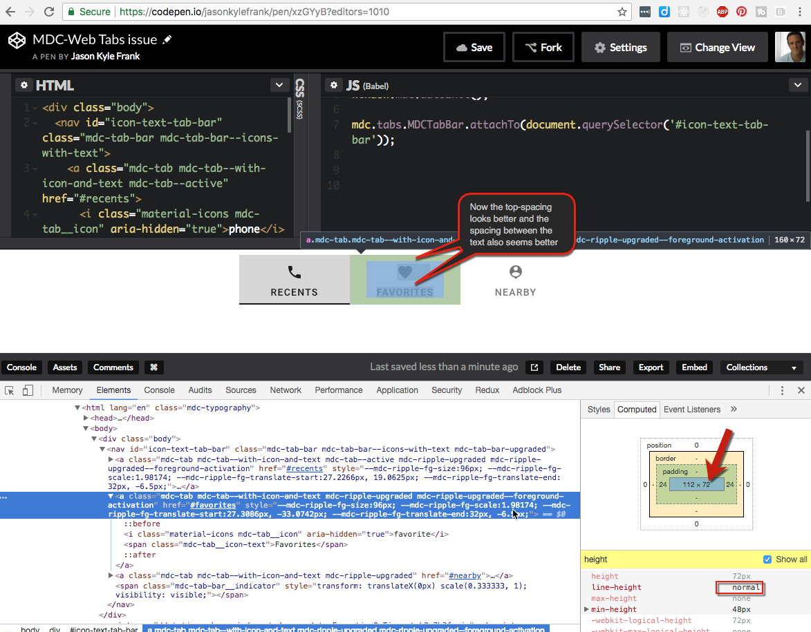 Tabs: Does not match spec: (1) Letter-spacing (2) Icon-and-text version ...