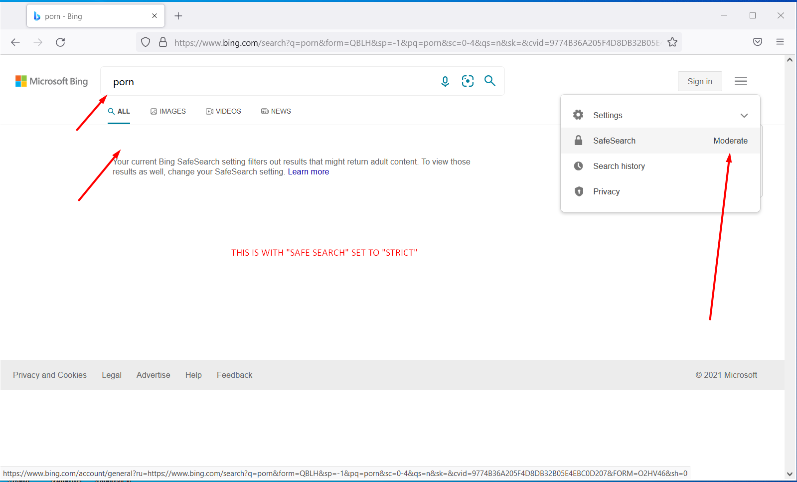 www.bing.com - "Safe search" shows as "Moderate" when changing the state to "Off" or "Strict ...