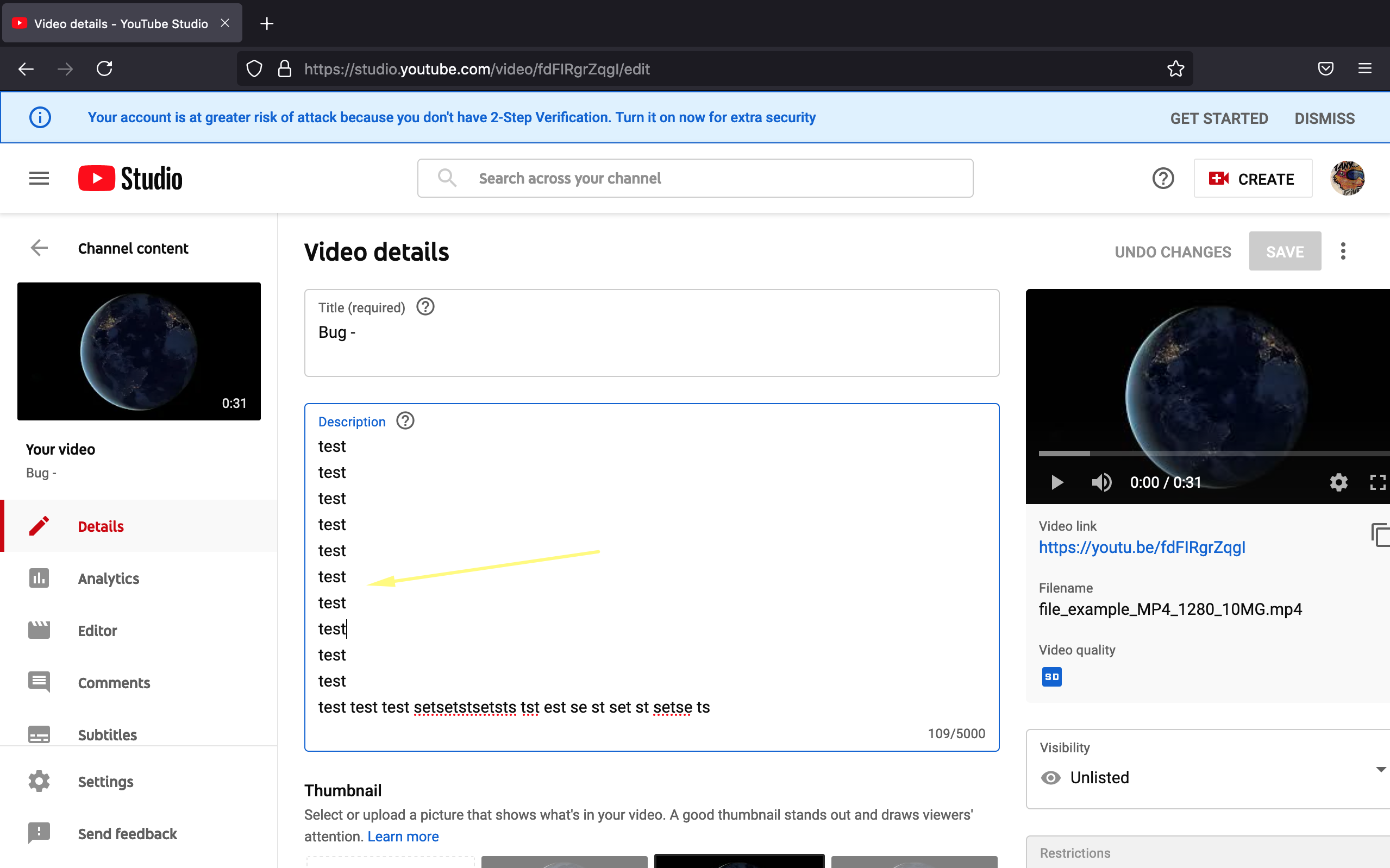 studio.youtube.com - Newline added in the text input field when editing ...
