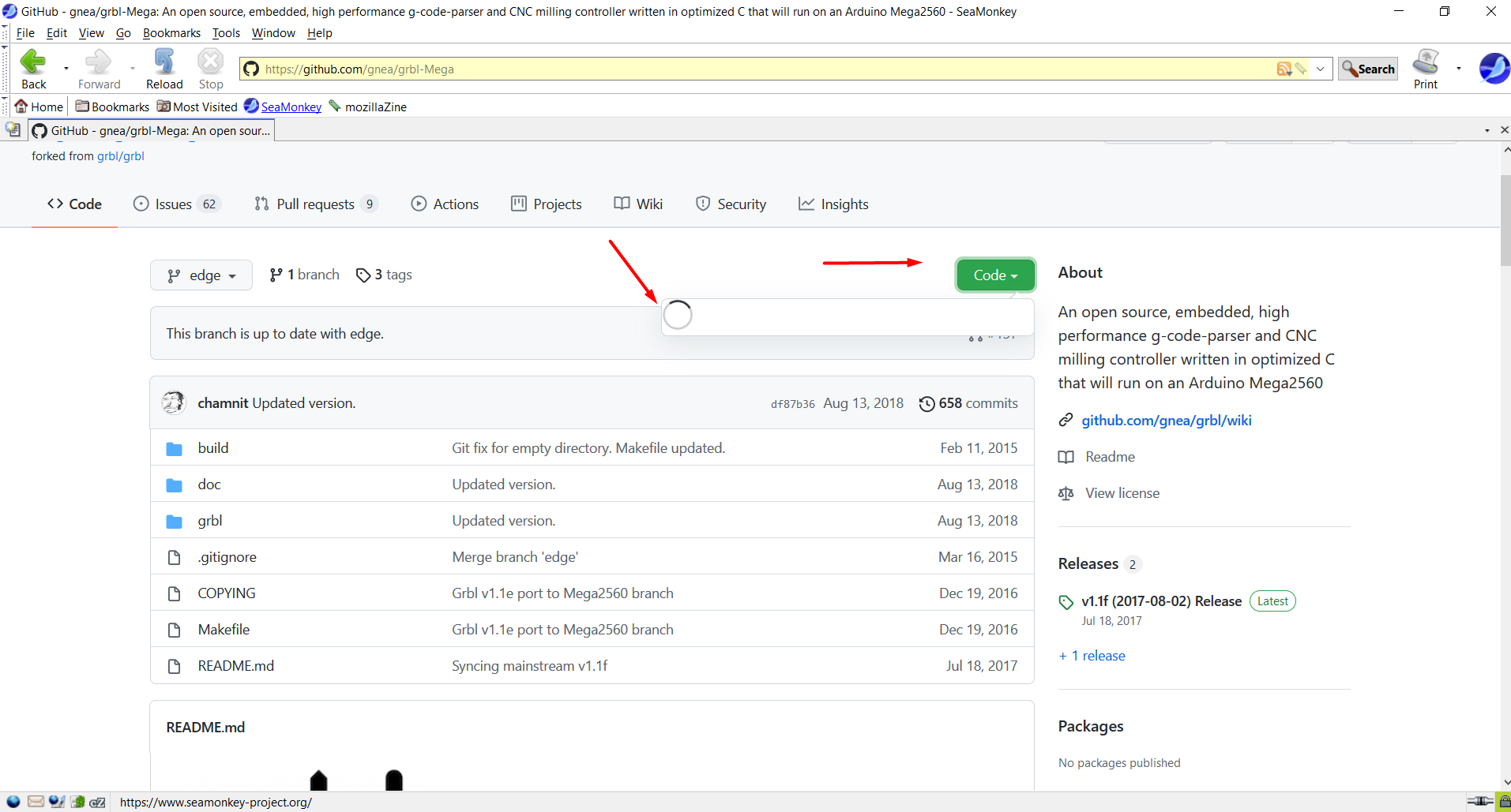 github.com - The dropdown menu for the "Code" button is stuck in a ...