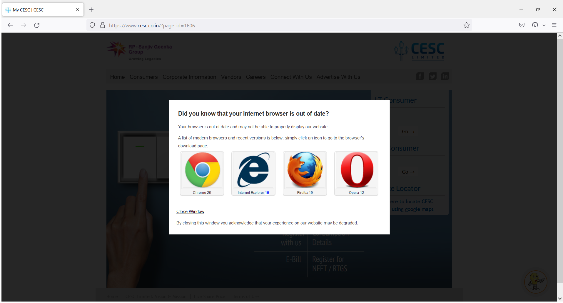 www.cesc.co.in - Browsers with version 100 are not supported · Issue #101965 · webcompat/web ...