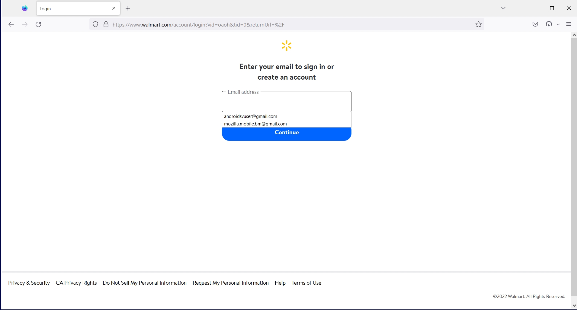 www.walmart.com - Page shows other stored credendials for email login ...