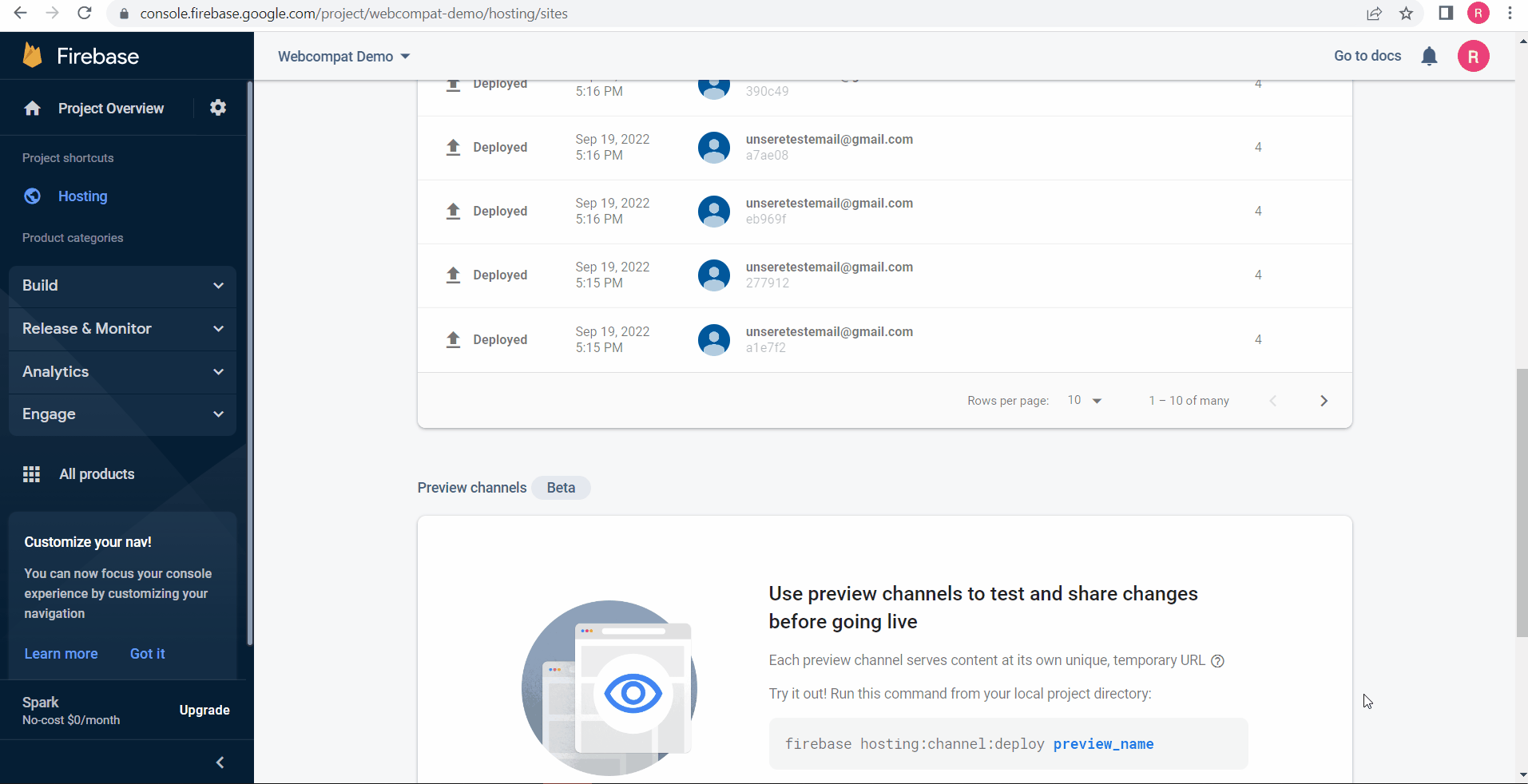console.firebase.google.com - Triggering the "Rows per page" option shifts the sidebar menu ...
