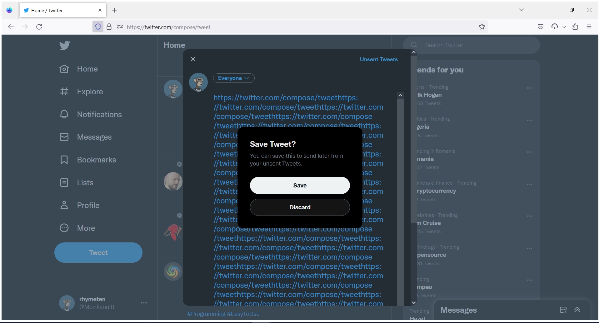 twitter.com - Scrolling inside a long composed tweet triggers "Save ...