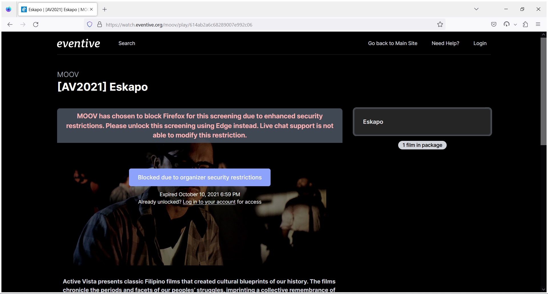watch.eventive.org - Firefox is a blocked browser · Issue #117768 · webcompat/web-bugs · GitHub